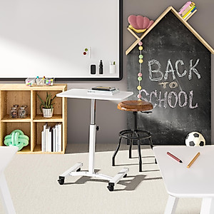 Seville Classics Airlift Mobile Height Adjustable Laptop Stand Computer Workstation for Sitting Table for Home, Office, Classroom, Hospital, w/Wheels, Flat (24"), White