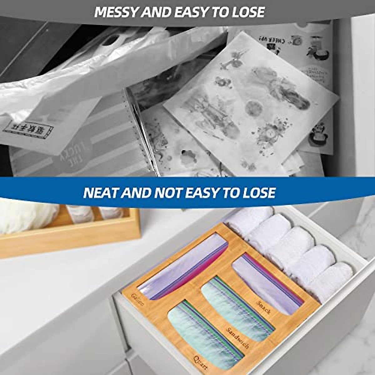 Ziplock Bag Storage Organizer - Munskine Bamboo Organizers And Storage for Gallon, Quart, Sandwich & Snack Bags - Baggie Organizer for Storage Drawers & Cabinets