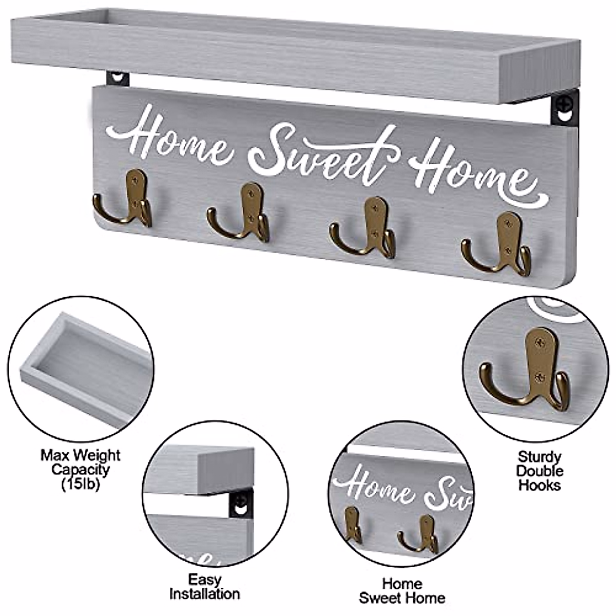 buways Wall-Mounted Key and Mail Holder, Wooden Key Rack with 4 Double Key Hooks, Rustic Home Decor for Entryway(Gray)