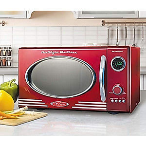 Nostalgia RMO4RR Retro Large 0.9 cu ft, 800-Watt Countertop Microwave Oven, 12 Pre-Programmed Cooking Settings, Digital Clock, Easy Clean Interior, Metallic Red
