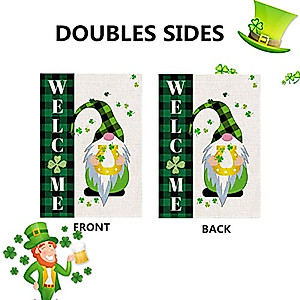 Welcome Gnomes Garden Flags, St Patrick's Day Buffalo Plaid Vertical Double Sized Burlap Flag for House Yard Outdoor Decor 12.5 x 18 Inch