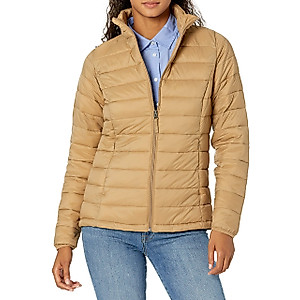 Amazon Essentials Women's Lightweight Long-Sleeve Water-Resistant Packable Puffer Jacket (Available in Plus Size), Camel, Large