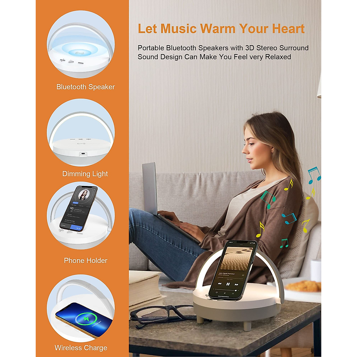 Touch Table Lamp, 4 in 1 Dimmable LED Bedside Lamp with Wireless Charger, Portable Night Light Bluetooth Speaker with Phone Holder, Nightstand Lamp for Bedroom Birthday Gift for Girl Boy Mom