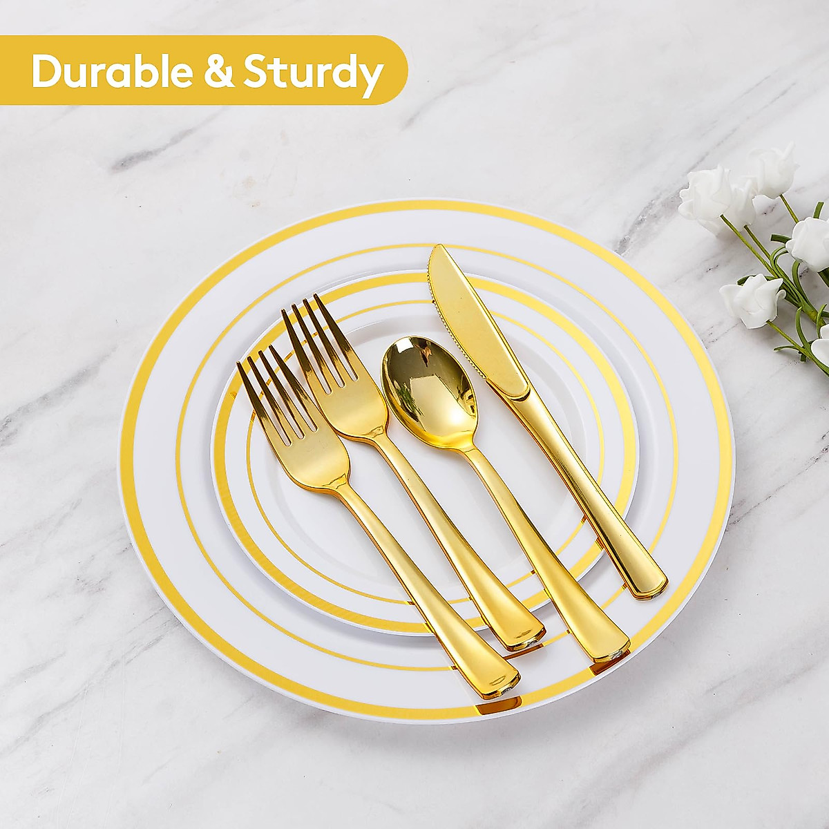 Goodluck 600 Pieces Gold Disposable Plates for 100 Guests, Plastic Plates for Party, Dinnerware Set of 100 Dinner Plates, 100 Salad Plates, 100 Spoons, 100 Forks, 100 Knives, 100 Cups