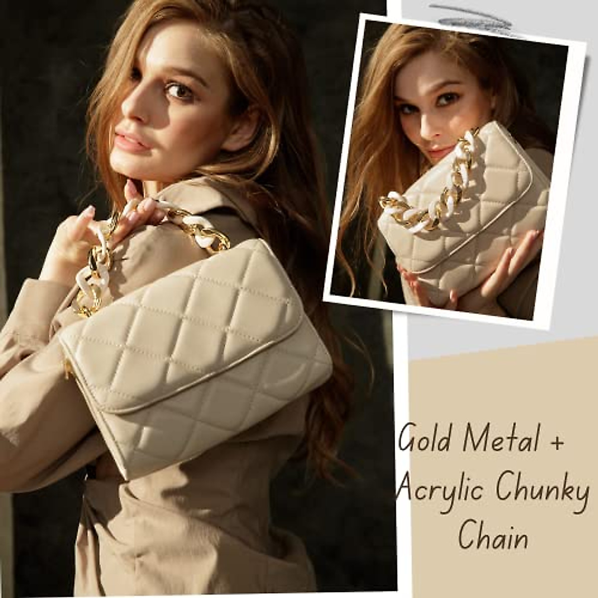 Before & Ever Small Beige Purse - Quilted Sand Crossbody Bag for Women - Gold Chain Clutch Purse Bag for Women - Women's Crossbody Handbag - Vegan Leather Cross Body Hand bag Wallet Purse