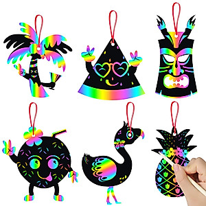 WATINC 60 pcs Hawaiian Scratch Cards Art Set for Kids and Adults, DIY Color Card Art Craft Kit, Decorations Favor Ornaments for Birthday Party Home or School, 6 Styles with Ribbon &Wood Stylus