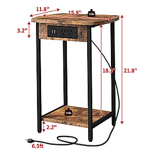 SOOWERY Set of 2 End Tables with Charging Station, Side Tables with USB Ports and Outlets, Nightstands with Storage Shelf for Living Room, Bedroom, Rustic Brown
