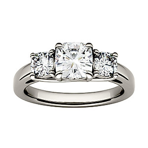 14K White Gold Moissanite by Charles & Colvard 6mm Cushion Trellis Three Stone Engagement Ring-size 8.5 1.76cttw DEW