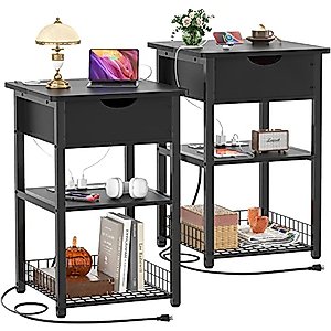 Cyclysio Nightstand Set of 2 with Charging Station, End Table Side Table with USB Ports and Outlets, Modern Flip Top Night Stands with Shelves, Slim Bedside Sofa Table for Living Room, Bedroom, Black