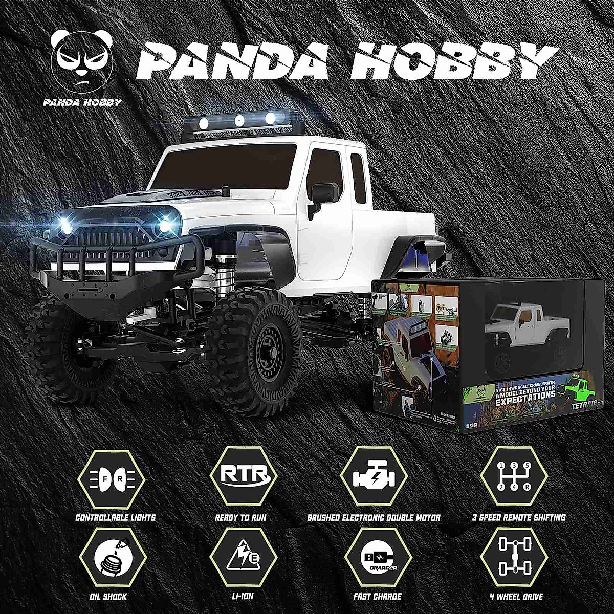 PANDA HOBBY RC Rock Crawler 4x4,RC Crawler 1/18 4WD Off Road RC Cars,RTR Remote Control Car for Adults,1:18 Scale RC Truck Cruiser Vehicle,Waterproof All Terrains Hobby RC Model Car,Tetra18 X1T,White