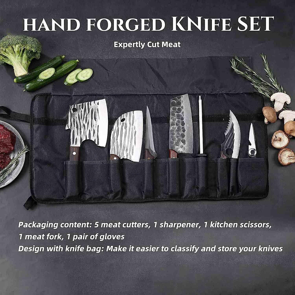 tatakook Butcher Chef Knife Set with Bag，High Carbon Steel Meat Cleaver for Meat Cutting Processing,Hand Forged Boning Carving Knife，Vegetable BBQ Camping Viking Knife
