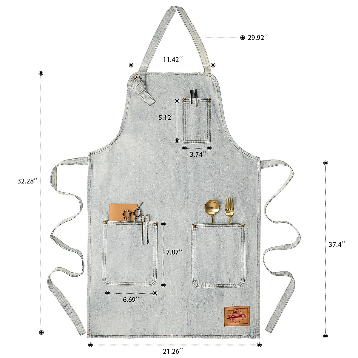 VANTOO Unisex Distressed Jean Apron with Convenient Pockets for Men and Women,White