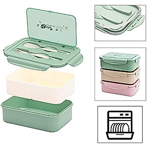 Bento Box, Lunch Box for Kids Adults, 3 Compartment Bento Lunch container, Food Storage Container Boxes, BPA Free On-the-Go Meal Prep Containers, Microwave/Dishwasher/Freezer Safe (Green)