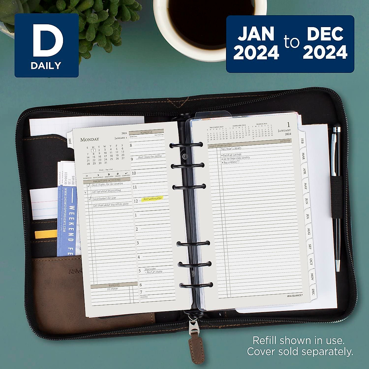 AT-A-GLANCE 2024 Daily & Monthly Planner Two Page Per Day Refill, 3-3/4" x 6-3/4", Portable Size, Loose-Leaf (471-225-24)