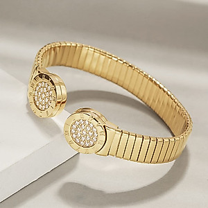 WISTIC Gold Roman Numerals Cuff Bracelets for Women Wide Soft Elastic Stainless Steel Bangle for Men and Unisex adults Gift Fashion Jewelry