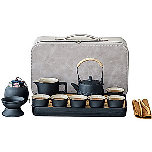 ICHAG Asian tea set |Kungfu tea sets |Ceramic Portable tea set |tea sets for adult |13-piece withgrey leather case |Tea set gift for Home, Outdoor, Business (Ceramic-Black teaset)