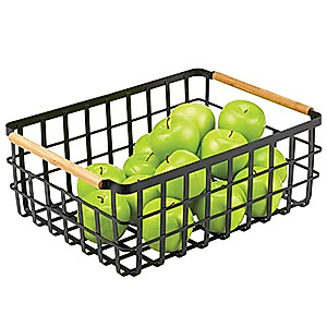 mDesign Metal Wire Storage Organizer Basket with Bamboo Wood Handles for Kitchen Pantry, Rustic Farmhouse Bin to Store Fruit, Coffee, Spices, Supplies, Yami Collection, 2 Pack, Matte Black/Natural/Tan