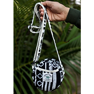 Handmade Circle Crossbody Purse Handbag Boho Zipper Shoulder Bag Round Cell Phone Purse (Black White)