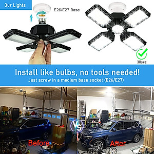 QiyuanLS LED Garage Light,150W Deformable LED Garage Ceiling Lights,15000LM Garage Lights with 4 Adjustable Panels, E26/E27 LED Shop Lights for Garage, Basement, Barn, Workshop,High Bay Light