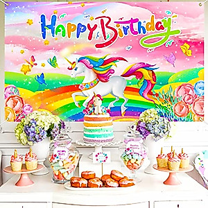 Ufocusmi Rainbow Unicorn Happy Birthday Backdrop, Unicorn Birthday Decorations for Girls, Unicorn Themed Party Background Banner 6x3.6 Feet