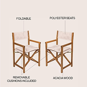 JONATHAN Y DRC1002A-SET2 Waldo Classic Mid-Century Outdoor Acacia Wood Foldable Diamond-Quilted Back Director Chair with Cushion Modern, Vintage, Bohemian, Coastal, Beige/Teak Brown (Set of 2)