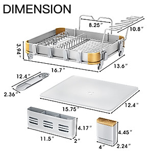 Dish Drying Rack, Aluminium Dish Racks for Kitchen Counter with Cup Rack, Large Dish Drainers with Drainboard, Anti-Rust Kitchen Dish Rack Dryer Shelf for Plate with Utensil, Cutting Board Holder