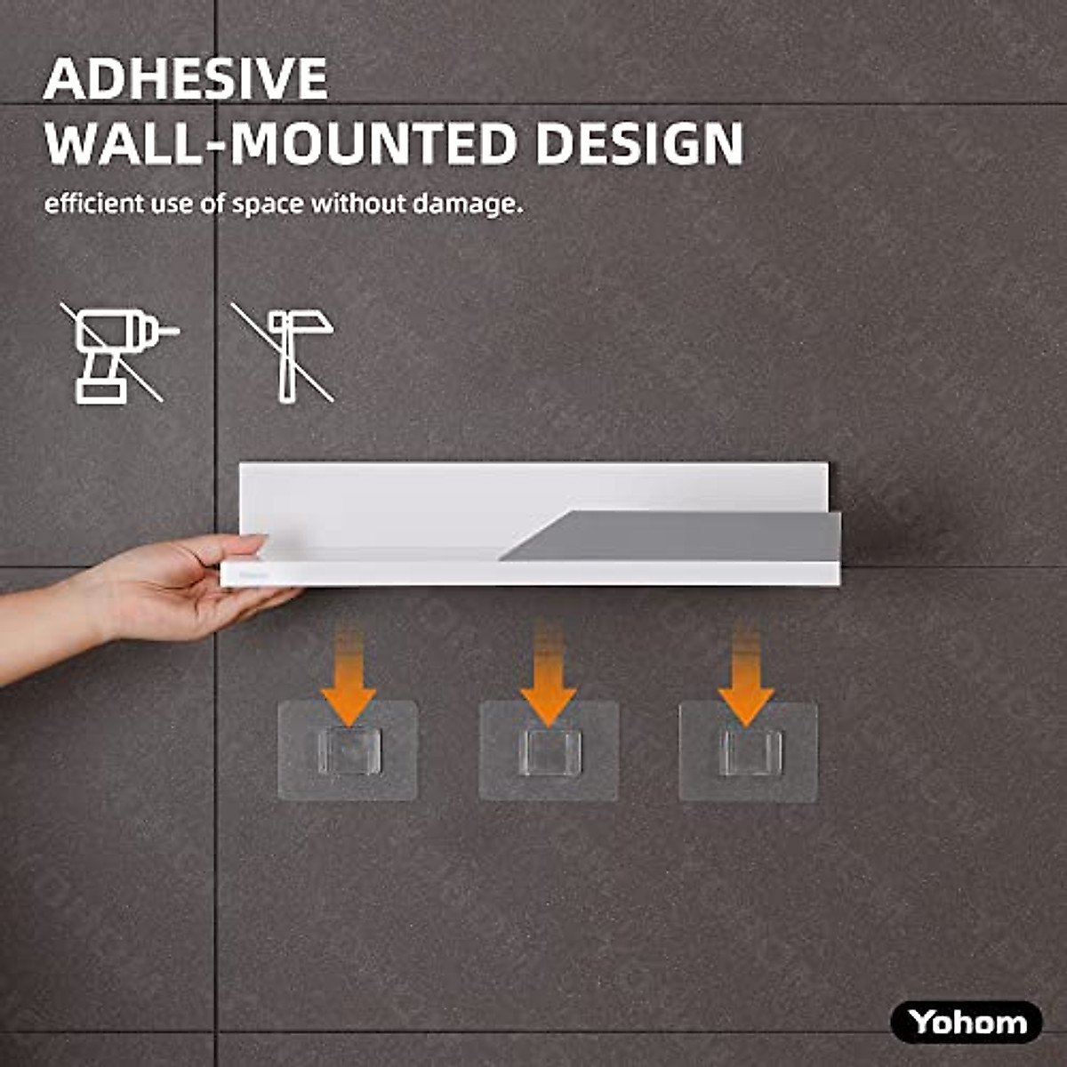 YOHOM White Adhesive Floating Shelf for Bathroom Tile Wall Stick on Shower Shelf Rack No Drilling Plastic Lightweight Shelf Organizer with Gray Guard