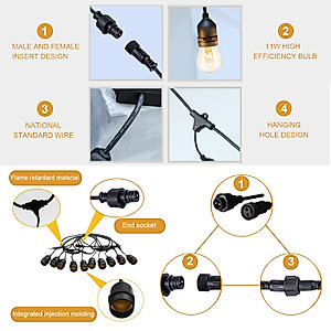 AONNYO 49FT Outdoor String Lights with 11W Edison Bulbs, Waterproof 15 Hanging Sockets with 15 Shatterproof LED Bulb Garden Light String, Create Ambience for Party, Backyard, Garden(49FT-WarmWhite)