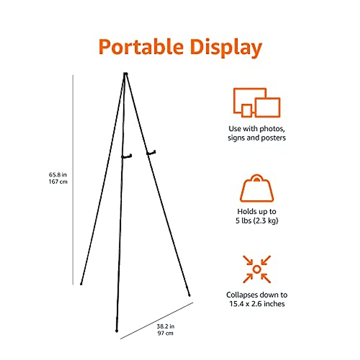 Amazon Basics Easel Stand, Instant Floor Poster, Lightweight, Collapsible and Portable with Tripod Base, Black Steel(supports 5 pounds)