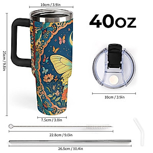 FZQVSGW Butterfly Flower Tapestry 40 Oz Tumbler with Handle And Straw Stainless Steel Vacuum Insulated Tumblers Reusable Keep Drinks Cold Coffee Cup Holder Friendly Gifts for Women Men Car Gym Travel