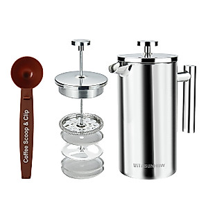 vitasunhow Insulated French Press Coffee Maker Stainless Steel Double-Wall Metal 3 Level Filtration System, Rust-Free Dishwasher Safe
