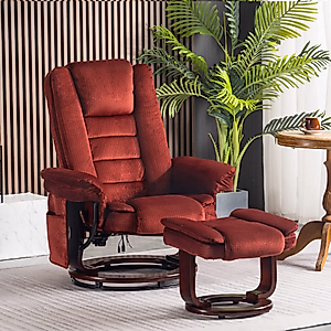 MCombo Recliner Chair with Ottoman, Fabric Accent Chair with Vibration Massage, Swivel Chair with Wood Base, for Living Reading Room Bedroom, 9099 (Burgundy)