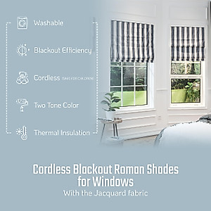 Everyday Celebration Roman Shades for Windows, 100% Blackout Shades, Cordless Pull Down Window Shades, Vertical Stripe Shades for Indoor Windows, Woven Fabric Blinds & Shades, 34" W X 64" H, (Blue)