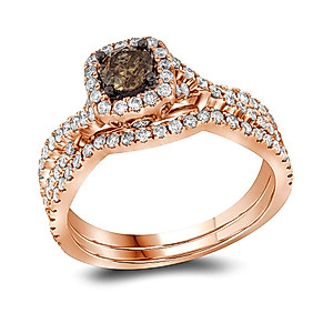 14kt Rose Gold Womens Round Cognac-brown Diamond Bridal Wedding Engagement Ring Band Set 1Cttw