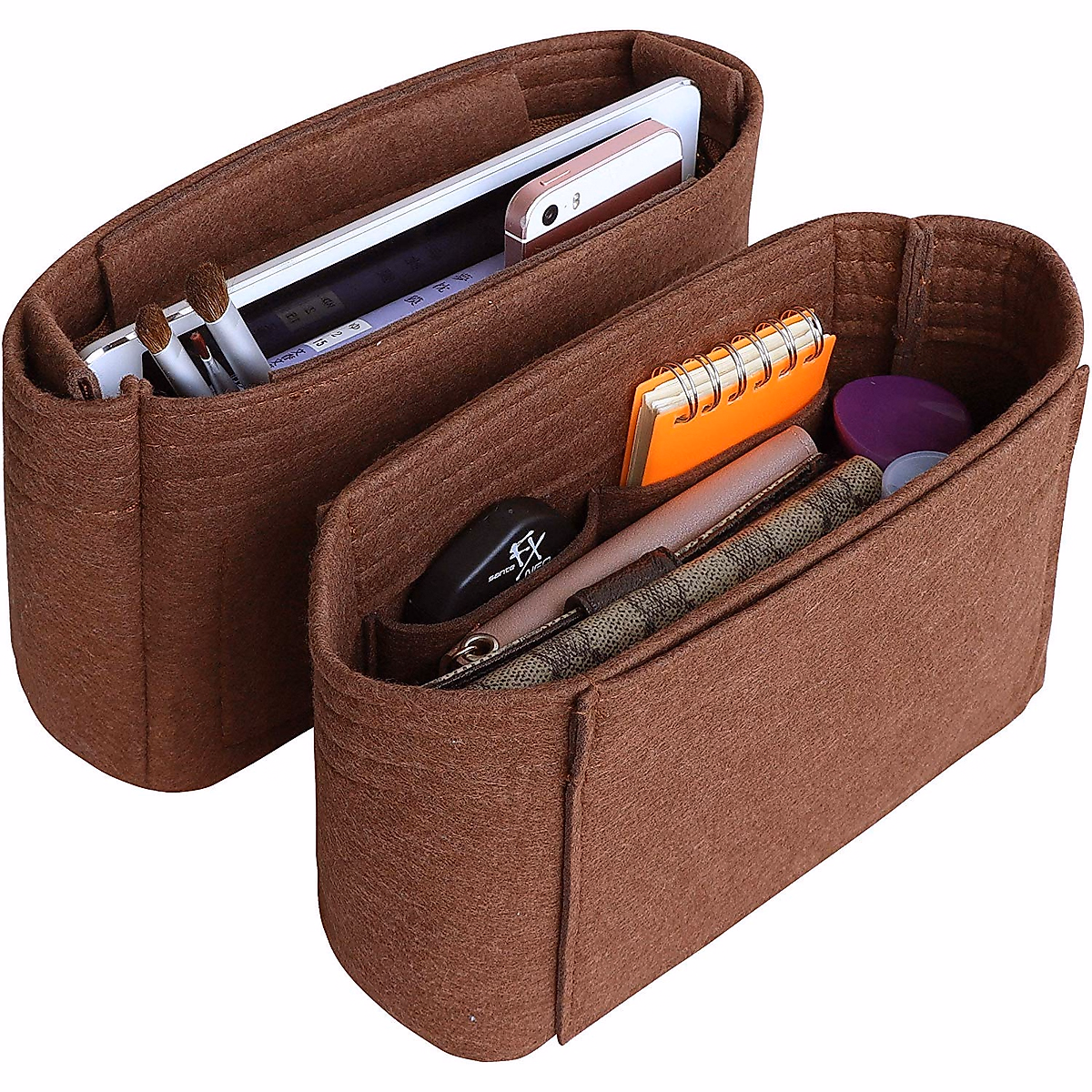 HyFanStr Felt Insert Bag Organizer with Zipper, Small Handbag Purse Organizer Tote Liner Pouch for Women, 2 Pcs Set Coffee