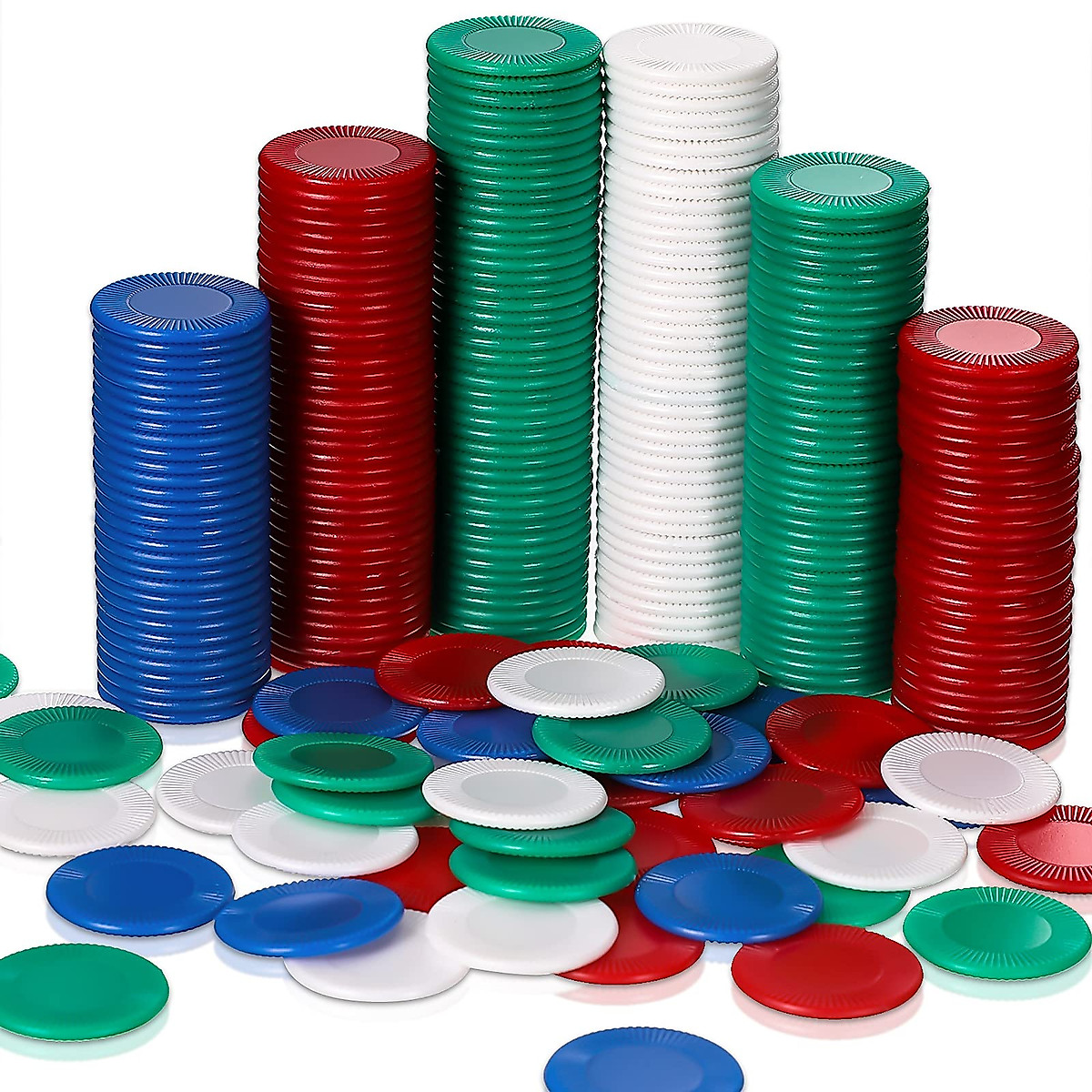 Skylety 400 Pieces Plastic Poker Chips Game Chips 4 Colors Counter Card for Kids Game Playing Learning Math Counting Bingo Game Blank Chips Card for Kids Reward, 0.86 Inch (Red, Blue, Green, White)