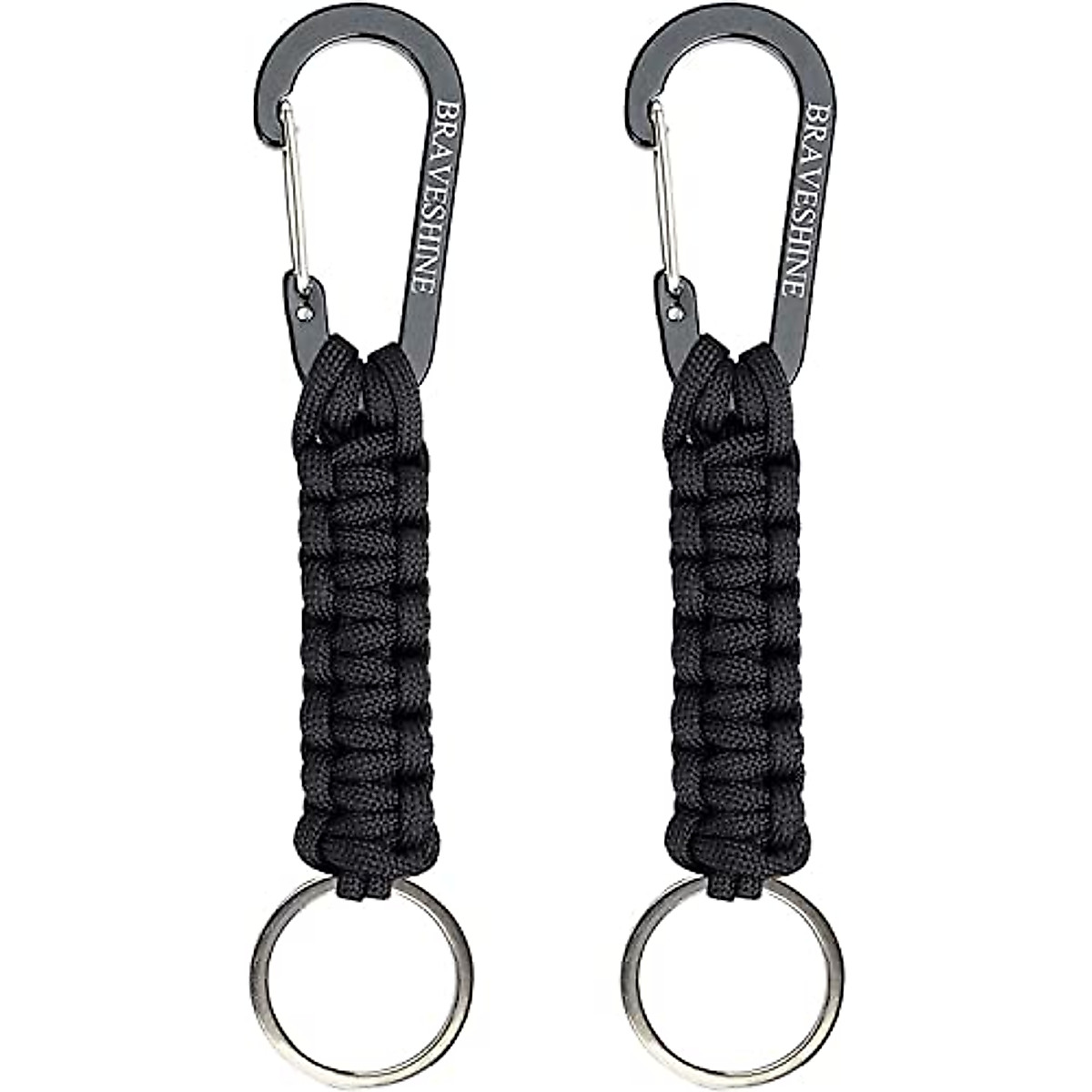 BRAVESHINE Keychain Hook with Paracord Strap 2 Pack Black Metal Key Ring Carabiner Hanger Para Cord D Locking Keyring Clip for Keys, Backpack, Boys, Girls, Men, Women, Camping, Hiking, Travailing