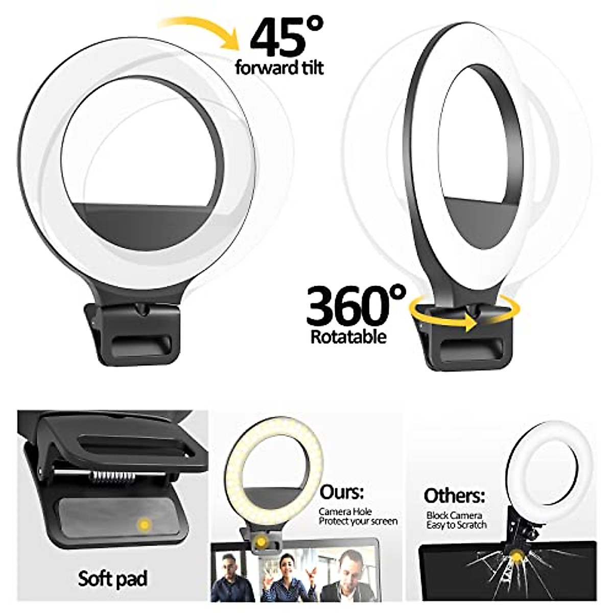 Clip-on Ring Light for Laptop/Computer, 10 Brightness Levels, 3 Light Modes - Perfect for Video Conferencing and Live Streaming, Compatible with Laptop, Tablet and Desktop Computers