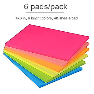 Sticky Notes 4x6 in Bright Stickies Colorful Super Sticking Power Memo Pads Strong Adhesive 6 Pads/Pack 48 Sheets/pad…