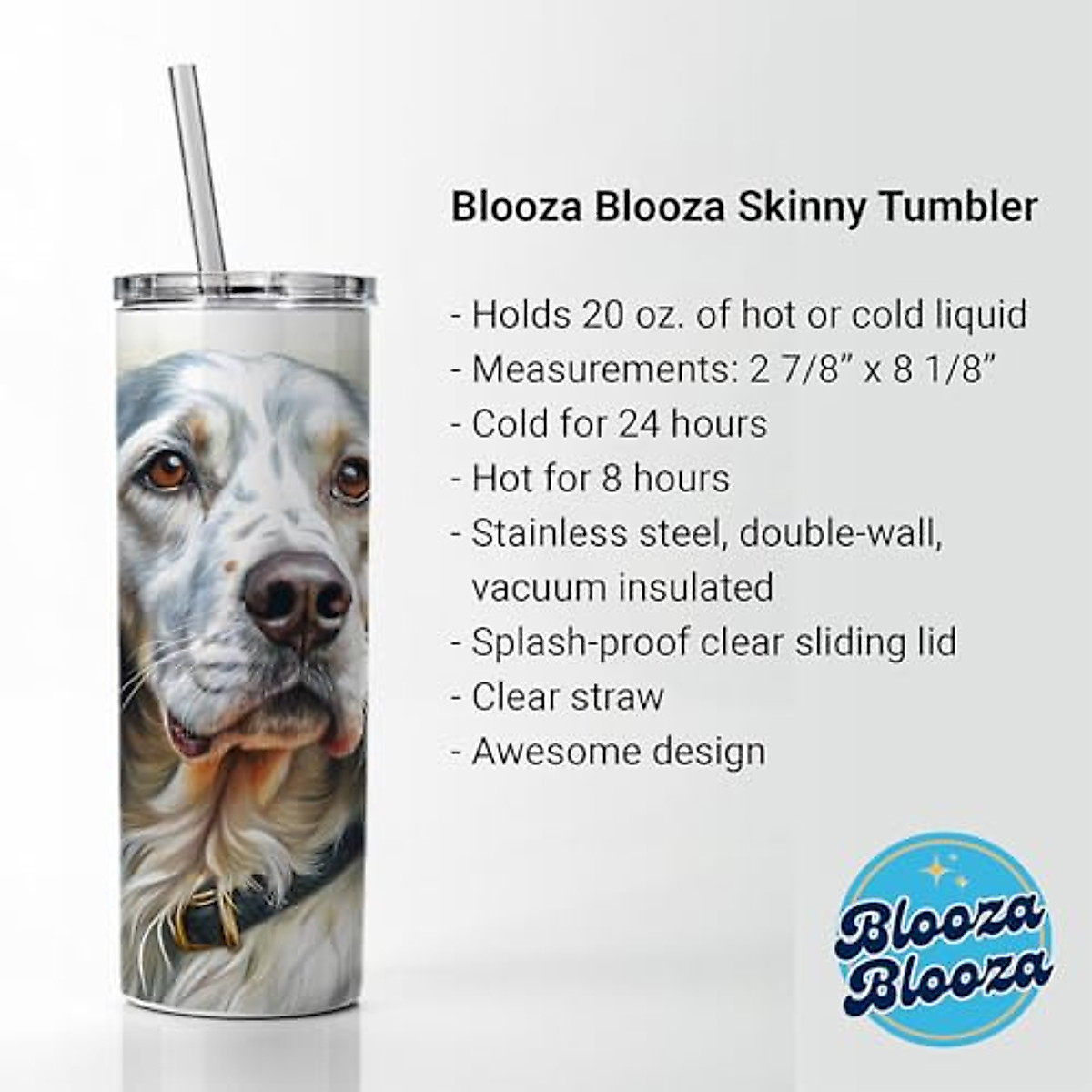 English Setter Dog Illustration Skinny Tumbler 20oz with Straw Insulated Water Bottle Gift