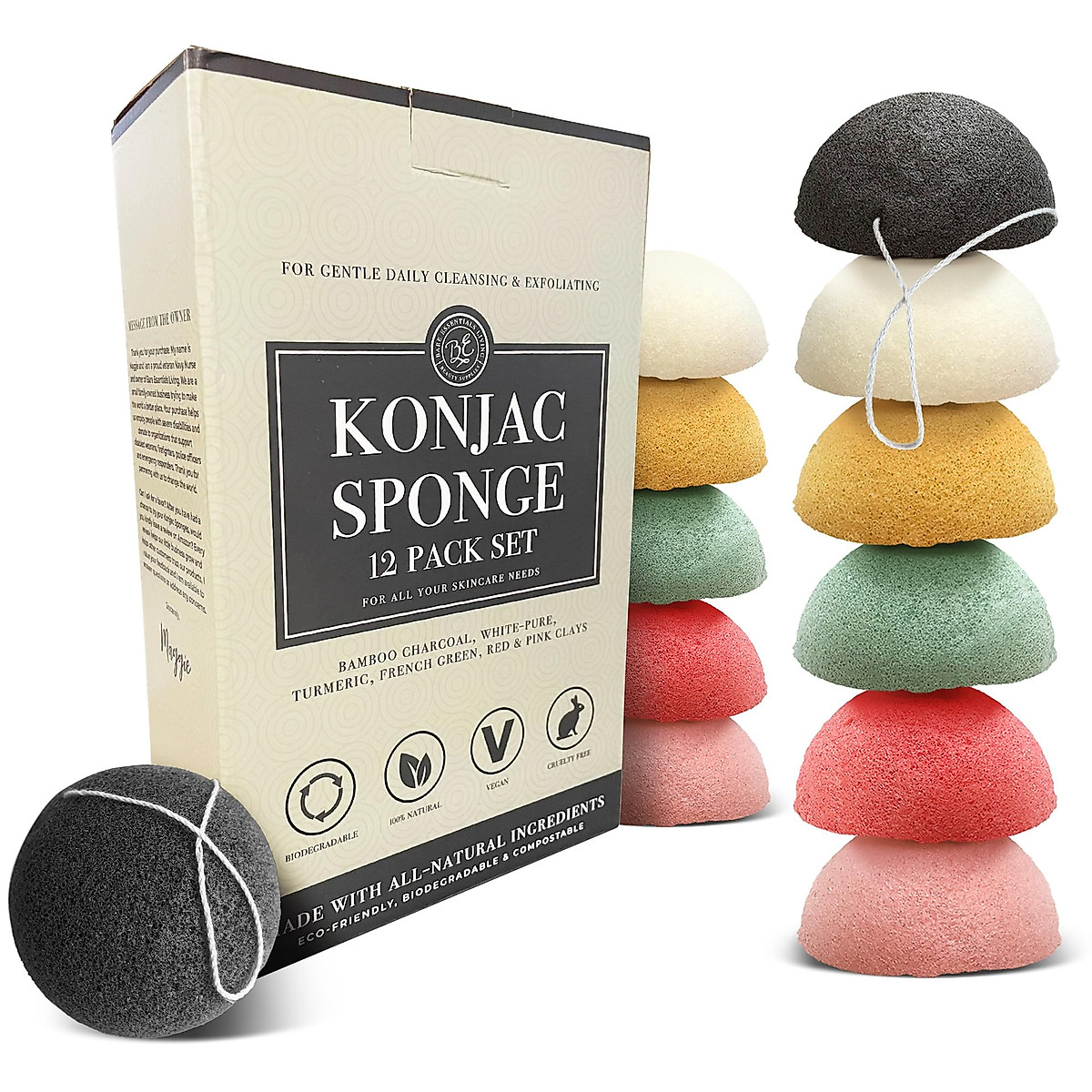 Bare Essentials Living - Konjac Sponges Set (12 Pack) with Activated Bamboo Charcoal Facial Sponge, Natural Sponge, Great for Facial Sponges, Bath Sponge, Beauty Sponge, and Exfoliating Body Sponge