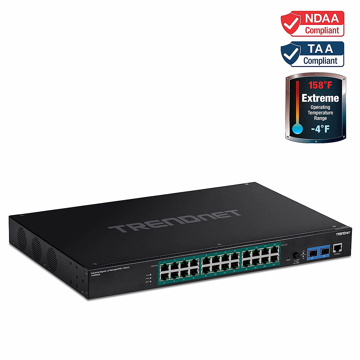 TRENDnet 26-Port Industrial Gigabit L2 Managed PoE+ Switch, TI-RP262i, 1U 19” Rackmount, 24 x Gigabit PoE+ Ports, 2 x SFP Slots (100/1000Base-FX), IP30, VLAN, QoS, 685W PoE Power Budget, Fanless