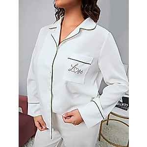 WDIRARA Women's Plus Size Letter Print 2 Piece Satin Pajama Set Silk Shirt and Pants Sets White 1XL