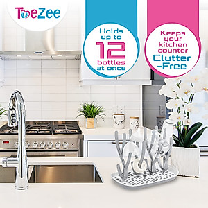 ToeZee Baby Bottle Drying Rack Space Saving Countertop Baby Bottle Holder, Drying Rack for Baby Bottles Accessories - Stores Up to 12 Bottles, Dishwasher Safe (Gray)
