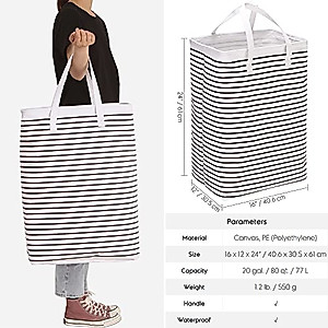 Hinwo 20 Gal / 77L Freestanding Large Laundry Hamper, Collapsible Laundry Storage Basket with Easy Carry Extended Handles for Clothes Toys, 16 x 12 x 24 Inches, Black Stripe