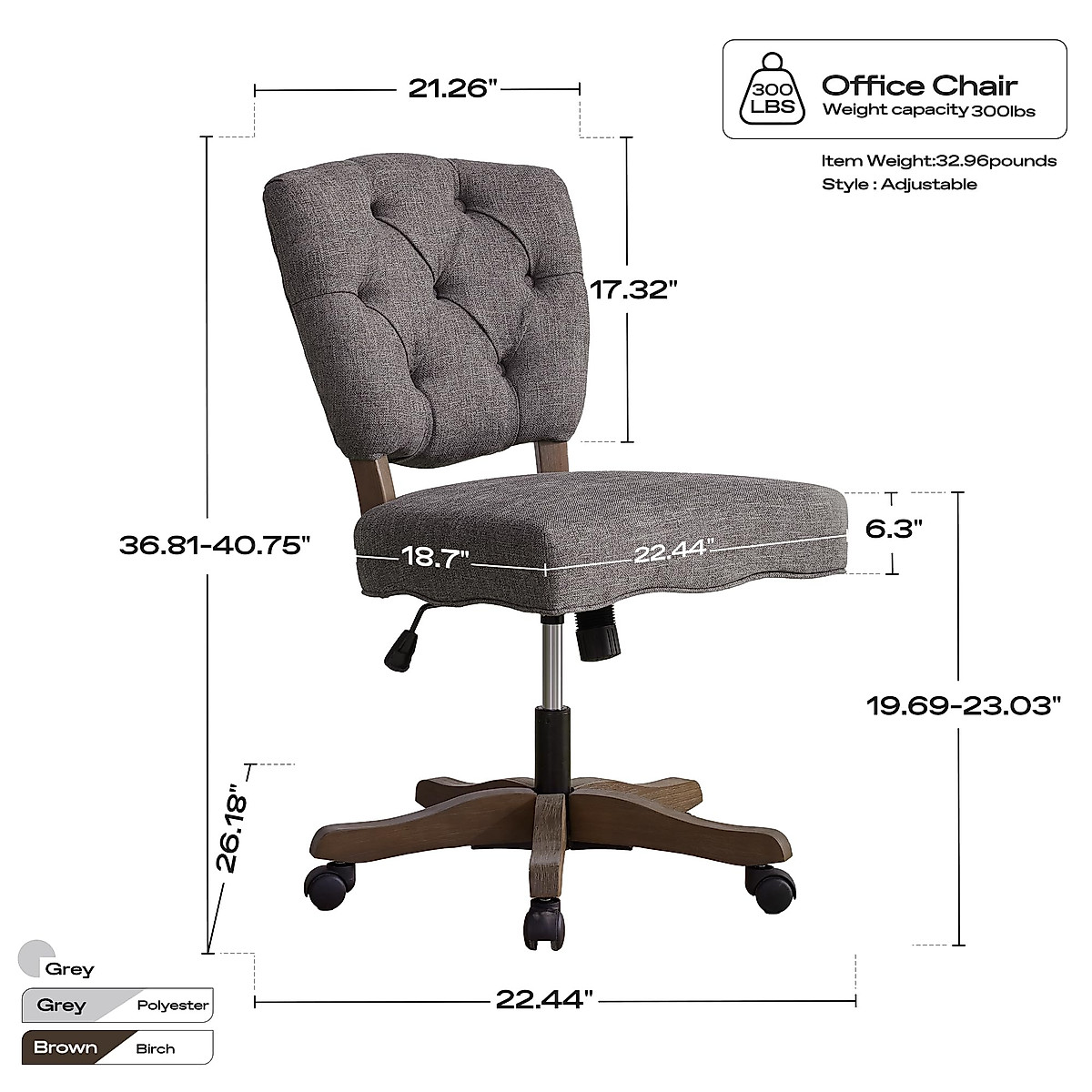 HUIMO Upholstered Swivel Desk Chair Chenille Tufted Fabric Home Office Chair with Wheels Adjustable Height Classic Task Chair with Wooden Legs Comfortable Armless Chair for Studio Study (Grey)