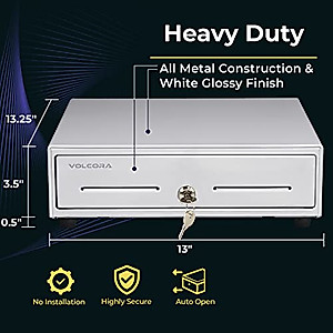 13" Cash Register Drawer for Point of Sale (POS) System with 4 Bill 5 Coin Cash Tray, Removable Coin Compartment, 24V, RJ11/RJ12 Key-Lock, Media Slot, White - for Stores, Shops, and Businesses