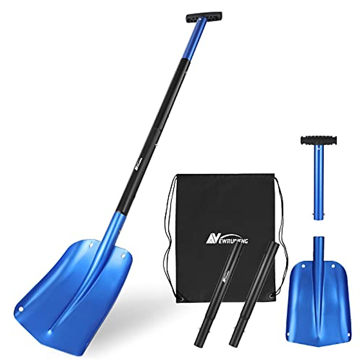 43" Aluminum Snow Shovel for Car Trunk, 4 Sections Collapsible Design Garden/Sport Utility Shovel Portable Snow Scoop Sand Mud Snow Removal Tool for Camping & Outdoor Activities (Blue)