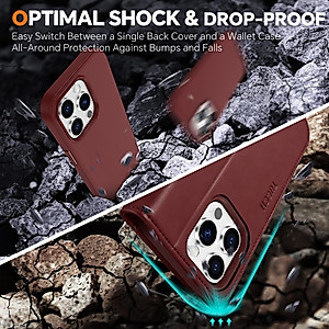 TUCCH Wallet Case for iPhone 15 Pro Max, [Removable] Stand RFID Blocking 4 Card Slots Wireless Charging Protective Case, 2-in-1 Detachable PU Leather Folio Compatible with iPhone 15 Pro Max, Dark Red