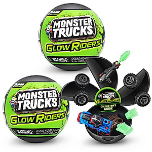 5 Surprise Monster Trucks Glow Riders Series 2 by ZURU (2 Pack) Glow in The Dark, Miniature Mystery Collectible Capsules, Mini Toy Truck, Battle Toys for Boys, Kids, Teens